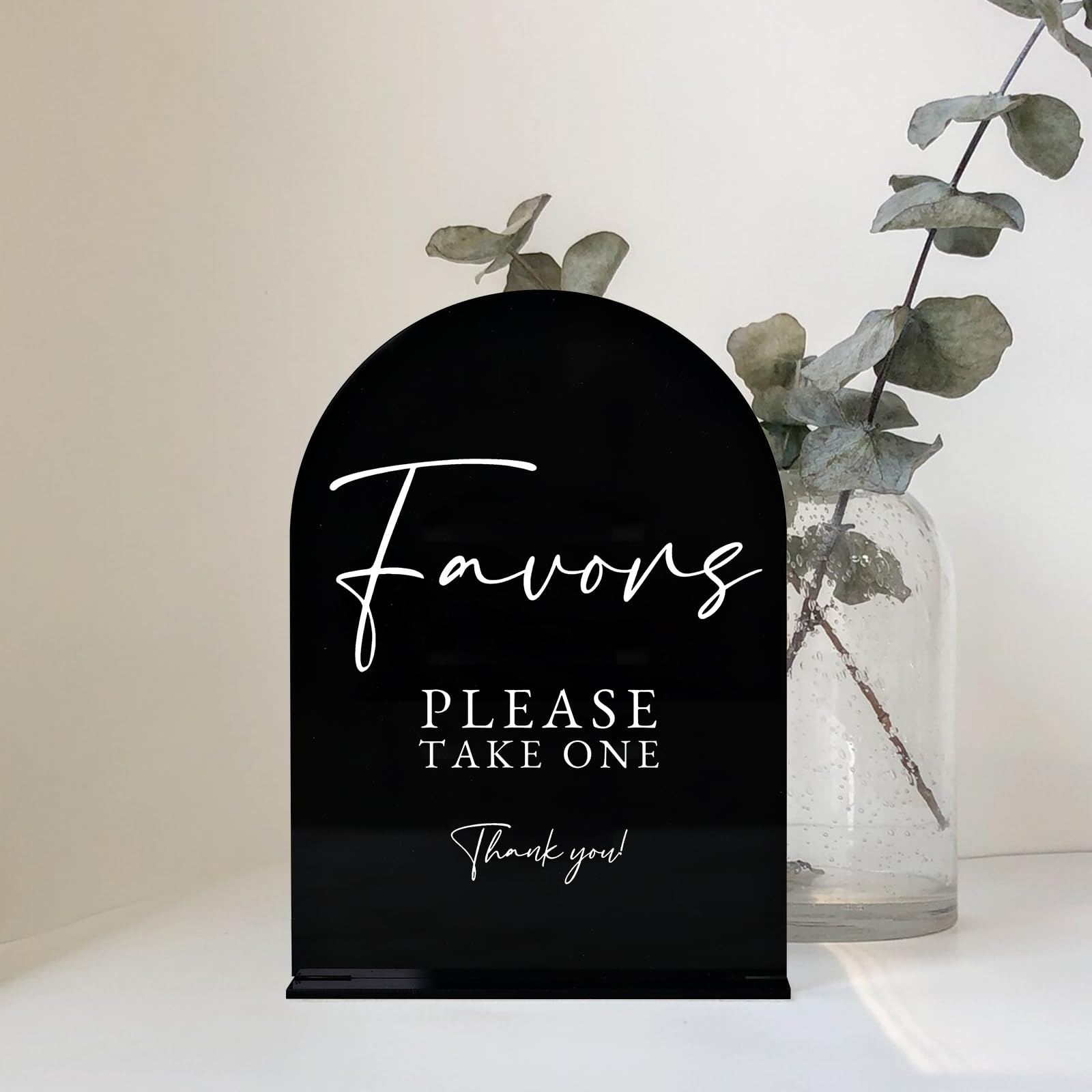 Acrylic Favors Sign with Stand- 5"x7" Black Arched Acrylic Wedding Sign and Base,1/8" Thick | Modern Calligraphy Arch Acrylic TableTop Sign for Wedding Reception & Event Party Table