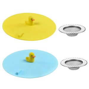 yeziluu 2pcs, cute silicone floor drain cover, bathroom bathtub drain cover bathtub stopper, kitchen sink water reservoir cover, free floor drain strainer (yellow - duck + blue - duck)