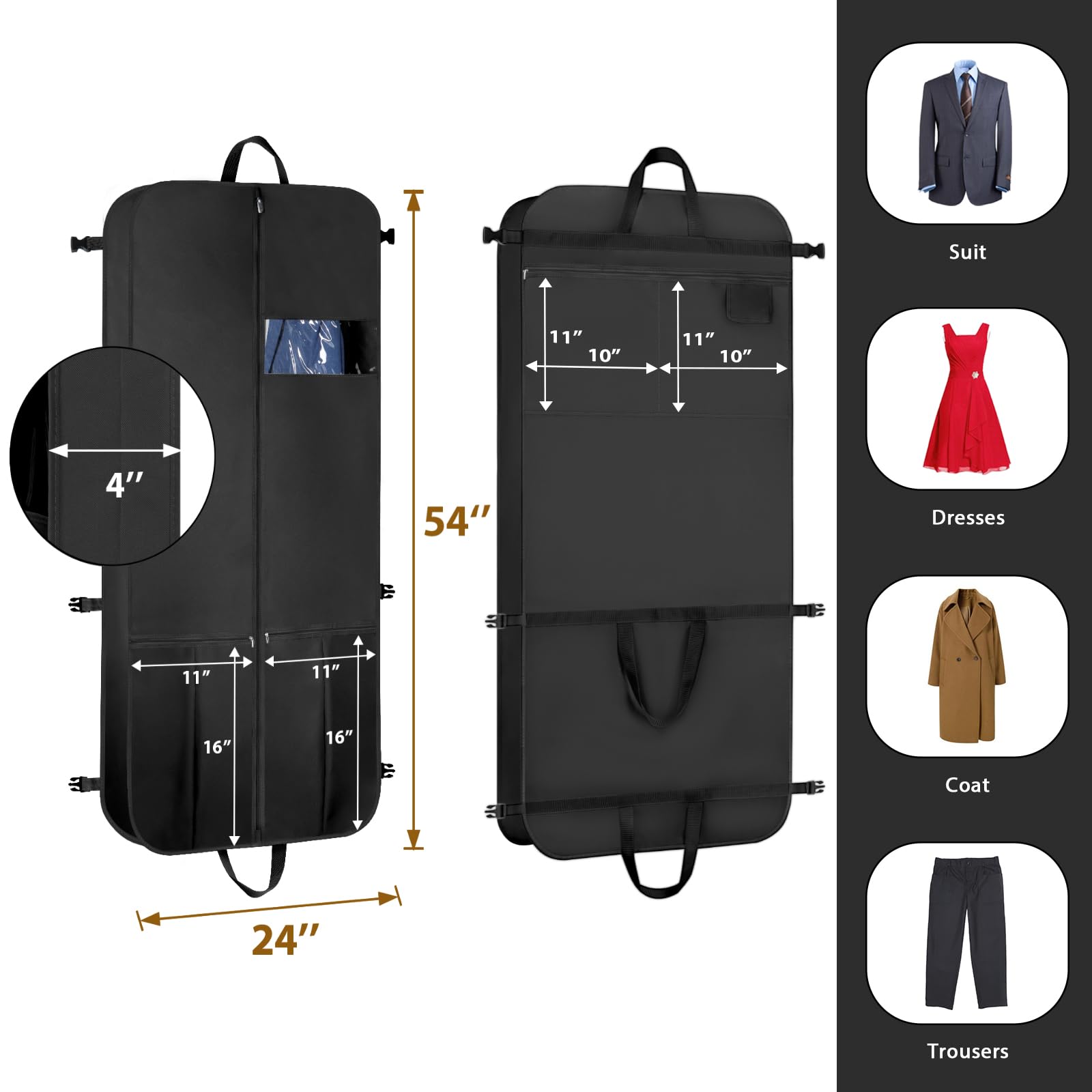 KEEGH 54" Garment Bags for Travel Tri-fold Garment Bag for Dresses Long Waterproof Suit Bags for Men Hanging Clothes for Suit Coats Tuxedos Dresses with 4 Big Pockets & Accessory Pouch, Black