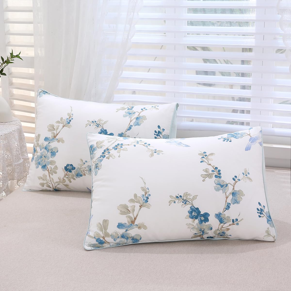 URBONUR Blue Floral Duvet Cover Set Queen Size 100% Cotton 3 Pieces Bedding Comforter Cover with Button Closure Birds on White Comforter Cover Sets, Soft Cooling Duvet Cover Queen