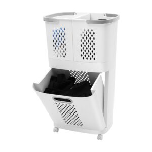 linishop 2-tier plastic laundry basket movable household bathroom clothes storage basket cart with 4 wheels floor-standing hand-held laundry basket white, 17.3 * 12.2 * 29.3in