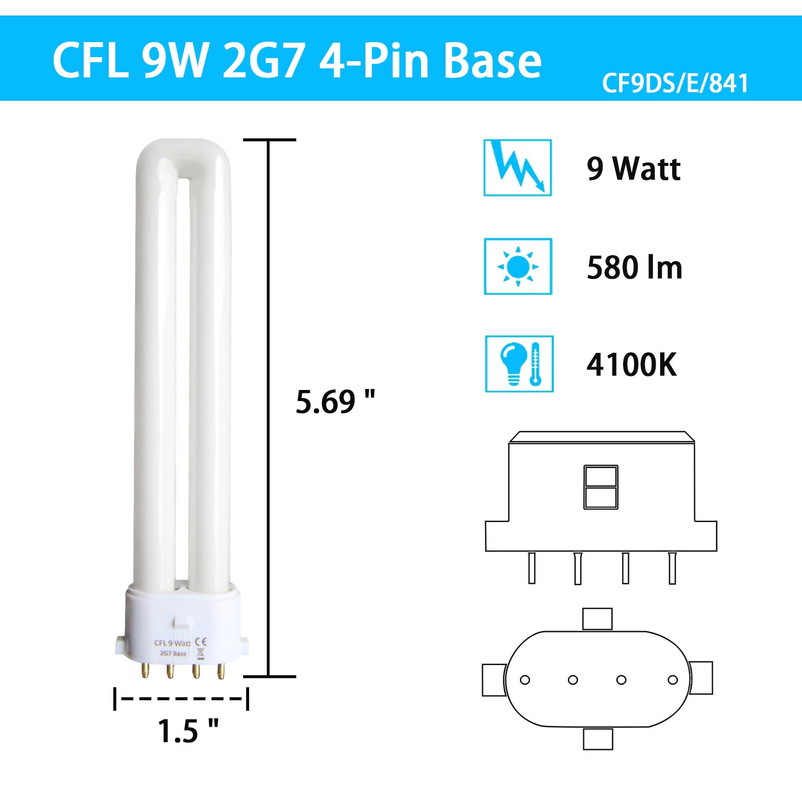 9 Watt 2G7 Base Fluorescent Light Bulb,Replacement for Satco S8365, Kandolite 96500,Coleman Lantern Bulb,Rayovac F9w-1 Light Bulb,CF9DS/E/841,4 Pin 2G7 Base,4100K 2PACK