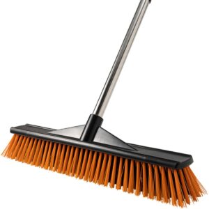 xifando heavy-duty push broom brush - 24" wide, 65" long handle, stiff bristles - perfect for bathroom, kitchen, patio, garage, deck, concrete, wood, stone, and tile floors (24" black+orange)