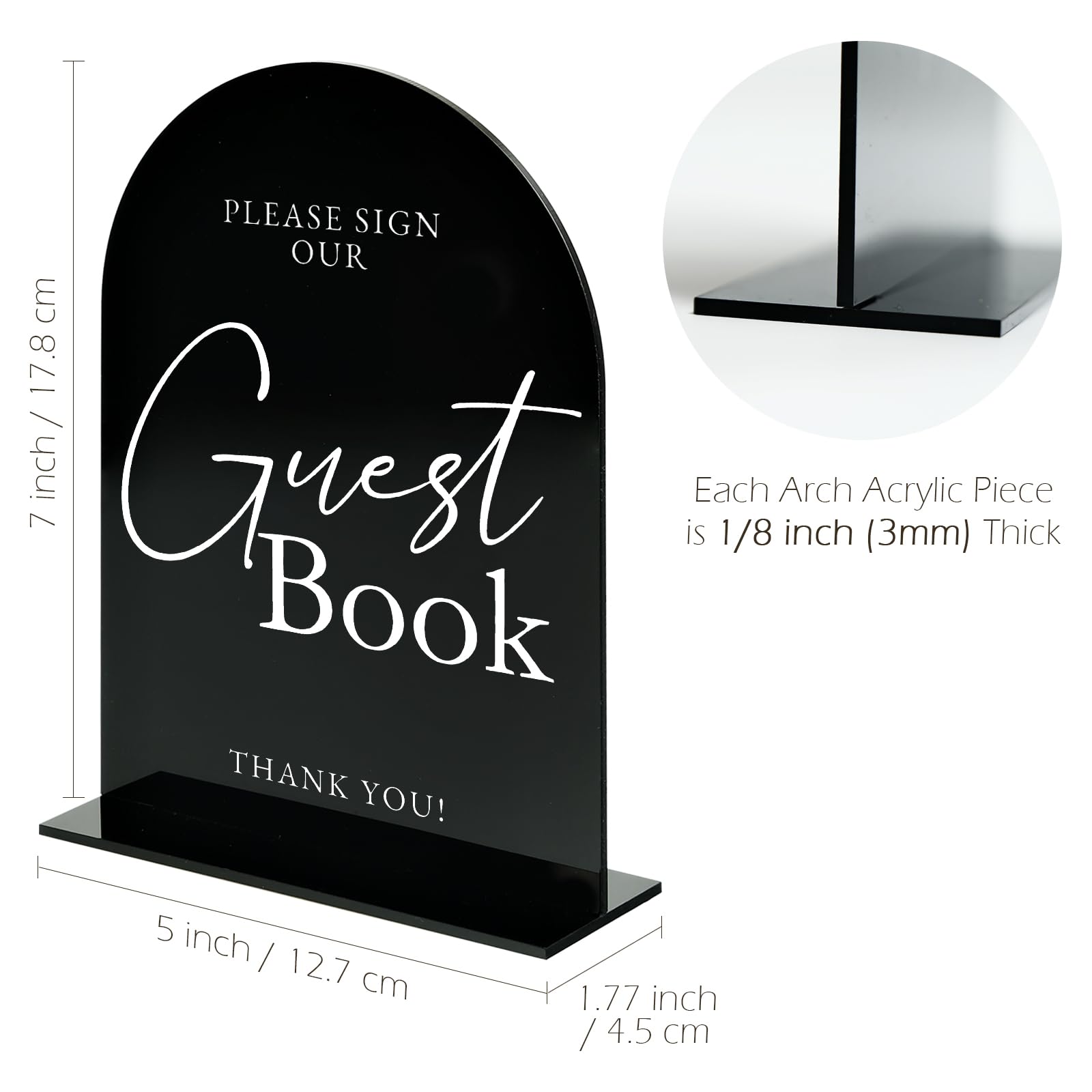 Guest Book Sign with Stand- 5"x7" Black Arched Acrylic Wedding Sign and Base,1/8" Thick | Modern Calligraphy Arch Acrylic TableTop Sign for Wedding Reception & Event Party Table