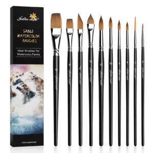 watercolor brushes professional set, 10 artist brushes watercolor paint brushes, golden maple sable brush paint brushes-round tip, flats, dagger, oval wash for detail painting, water color, gouache