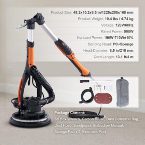 VEVOR Drywall Sander, 900W Electric Sander with 12 Sanding Discs, Variable Speed 800-1800 RPM Wall Sander with 3 Suction Ducts, Foldable Ceiling Sander & 2 LED Lights, Extendable Handle, Dust Bag