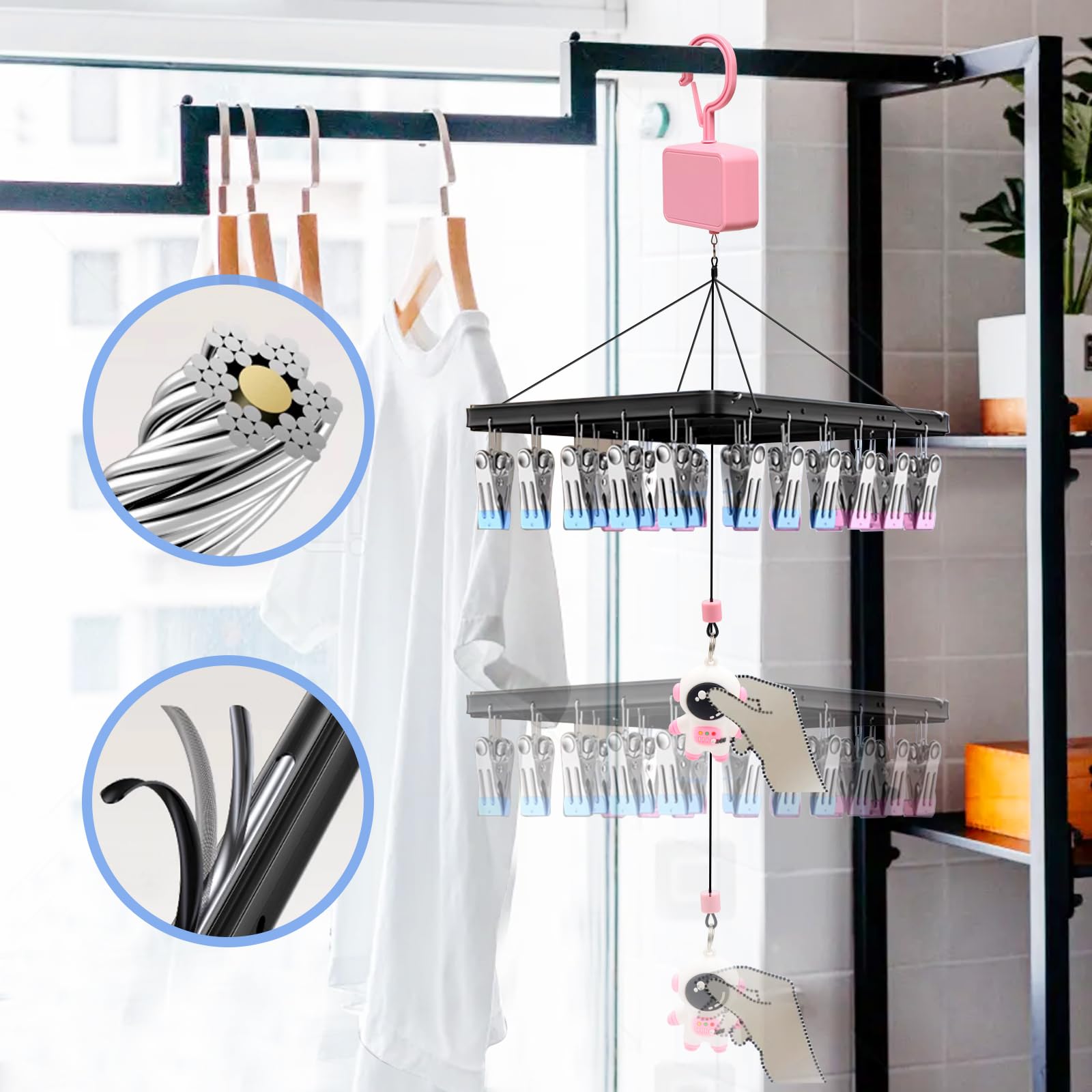 BEIJITA Liftable Sock Drying Rack, Stainless Steel Clothes Drying Hanger with 30 Clips, Socks Hanger Dryer with Swivel Wind-Proof Hook, Laundry Hanger for Socks, Towels, Bras, Lingerie, Baby Clothes