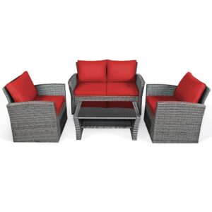 costway 4 pieces patio rattan furniture set, outdoor wicker sofa set with tempered glass coffee table, cushions, all weather rattan conversation set for yard balcony backyard pool, red