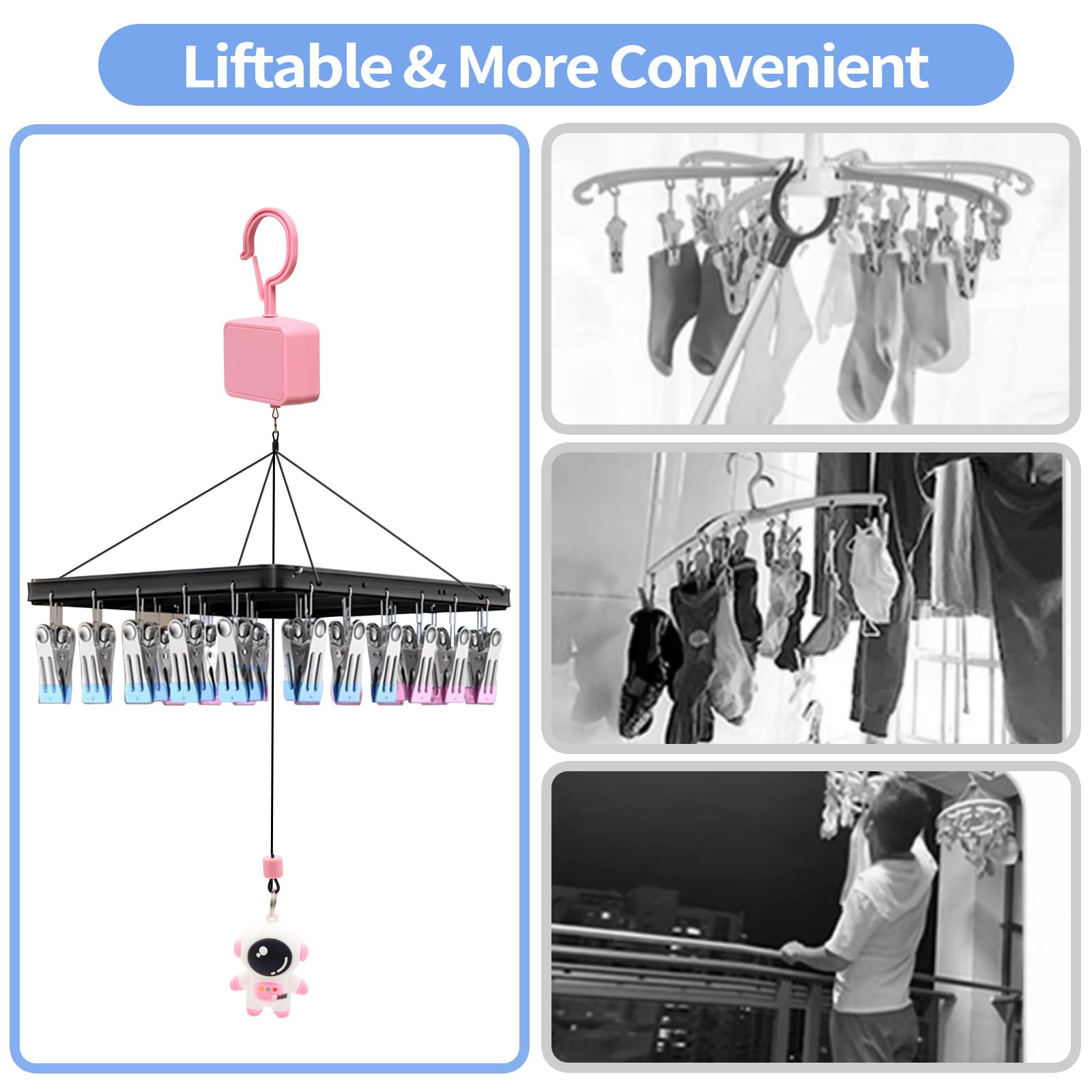 BEIJITA Liftable Sock Drying Rack, Stainless Steel Clothes Drying Hanger with 30 Clips, Socks Hanger Dryer with Swivel Wind-Proof Hook, Laundry Hanger for Socks, Towels, Bras, Lingerie, Baby Clothes