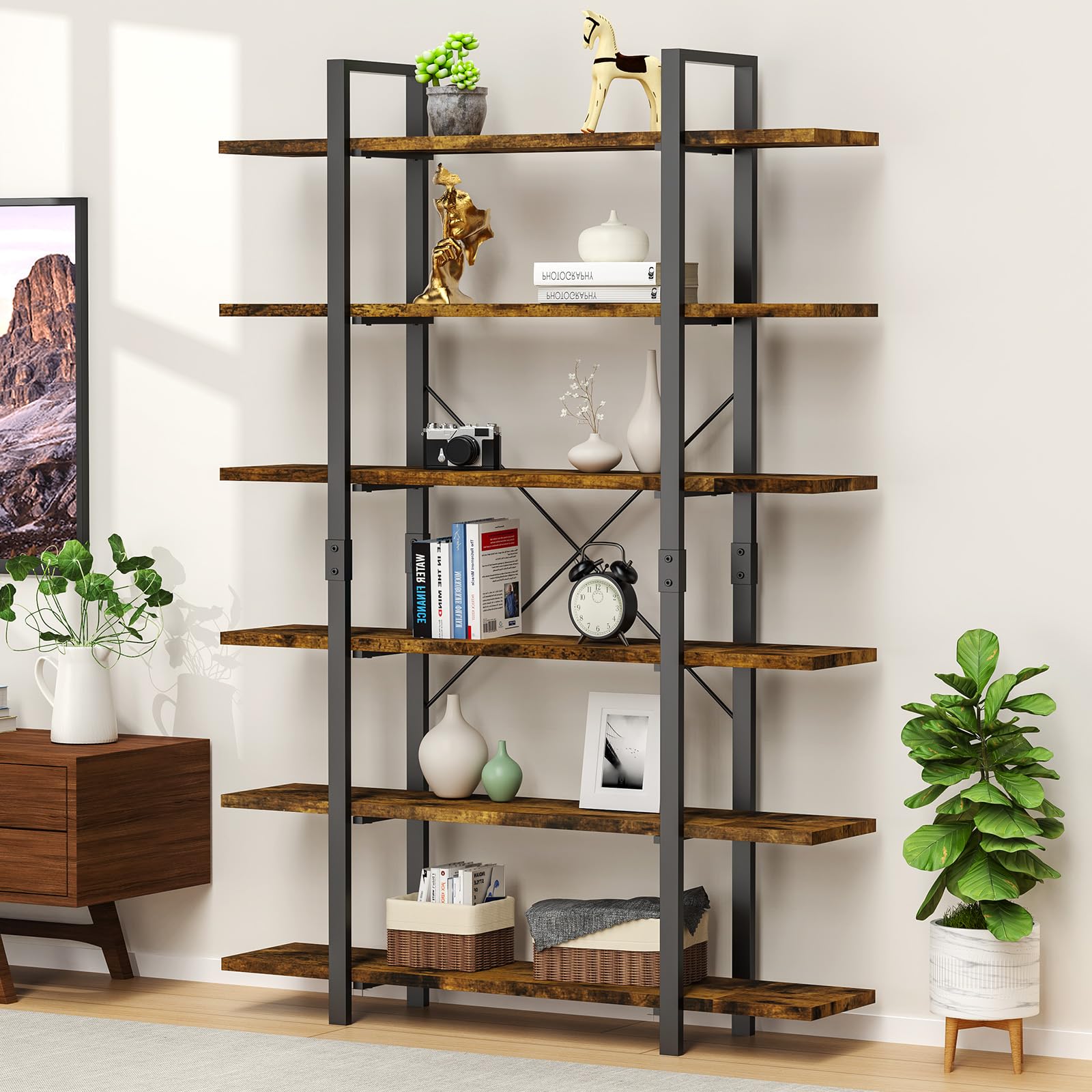 6 Tier Bookshelf, 83 inch Tall Bookcase Industrial Wooden Bookshelves Large Wall Etagere Rustic Vintage Book Shelf with Metal Frame Open Storage Rack for Living Room Home Office