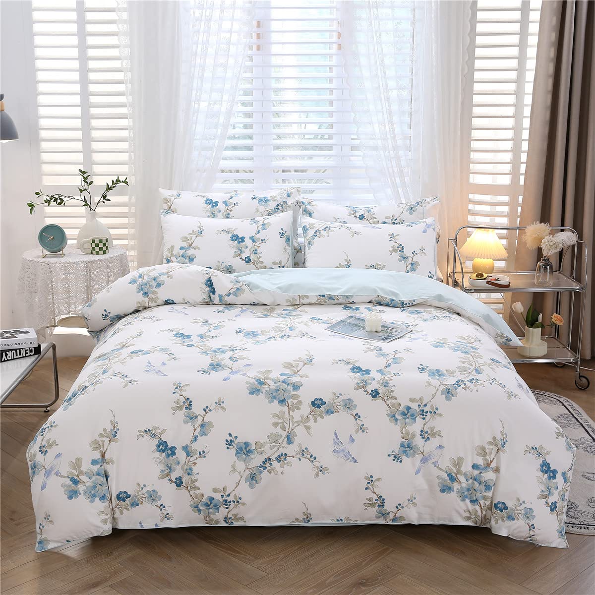 URBONUR Blue Floral Duvet Cover Set Queen Size 100% Cotton 3 Pieces Bedding Comforter Cover with Button Closure Birds on White Comforter Cover Sets, Soft Cooling Duvet Cover Queen