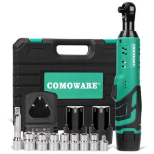 comoware 3/8 cordless electric ratchet wrench kit, 40ft-lbs torque, 12v power, 8 sockets, led light, fast charger, ergonomic design