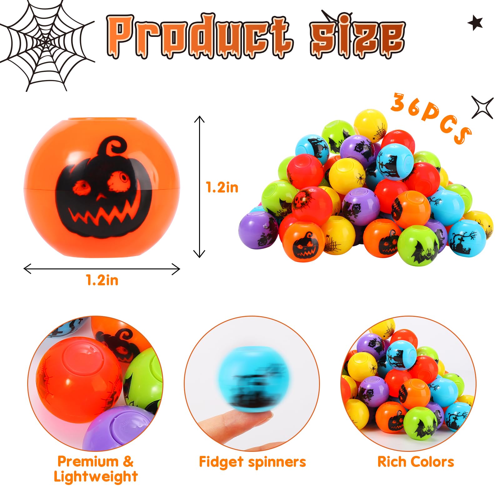 36 PCS Halloween Party Favors Mini Fidget Spinners Ball Toys for Kids Halloween Treats Goodie Bag Fillers for Girls Boys Bulk Halloween Treasure Box Toys for Classroom Prizes for Kids