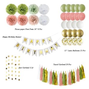 ANSOMO Sage Green and Retro Pink Happy Birthday Party Decorations White Rose Avocado Olive Blush Gold Neutral Rustic Décor Supplies for Adults Women Girls