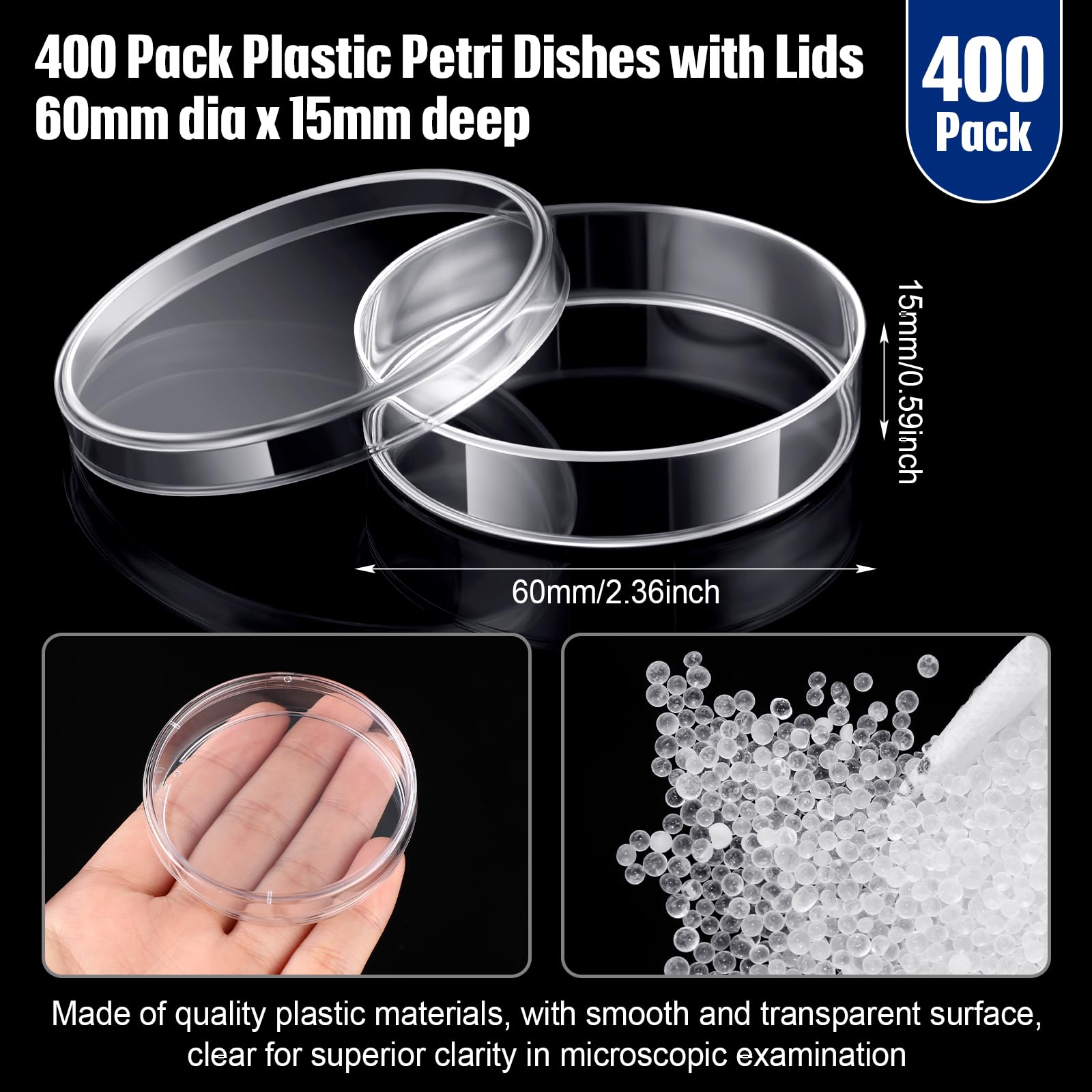 Kigley 400 Pcs Sterile Plastic Petri Dishes with Lids 60mm Dia x 15mm Deep Clear Culture Dish Lab Petri Dishes for Lab Science Experiment Lab Analysis Equipment School Projects Supplies