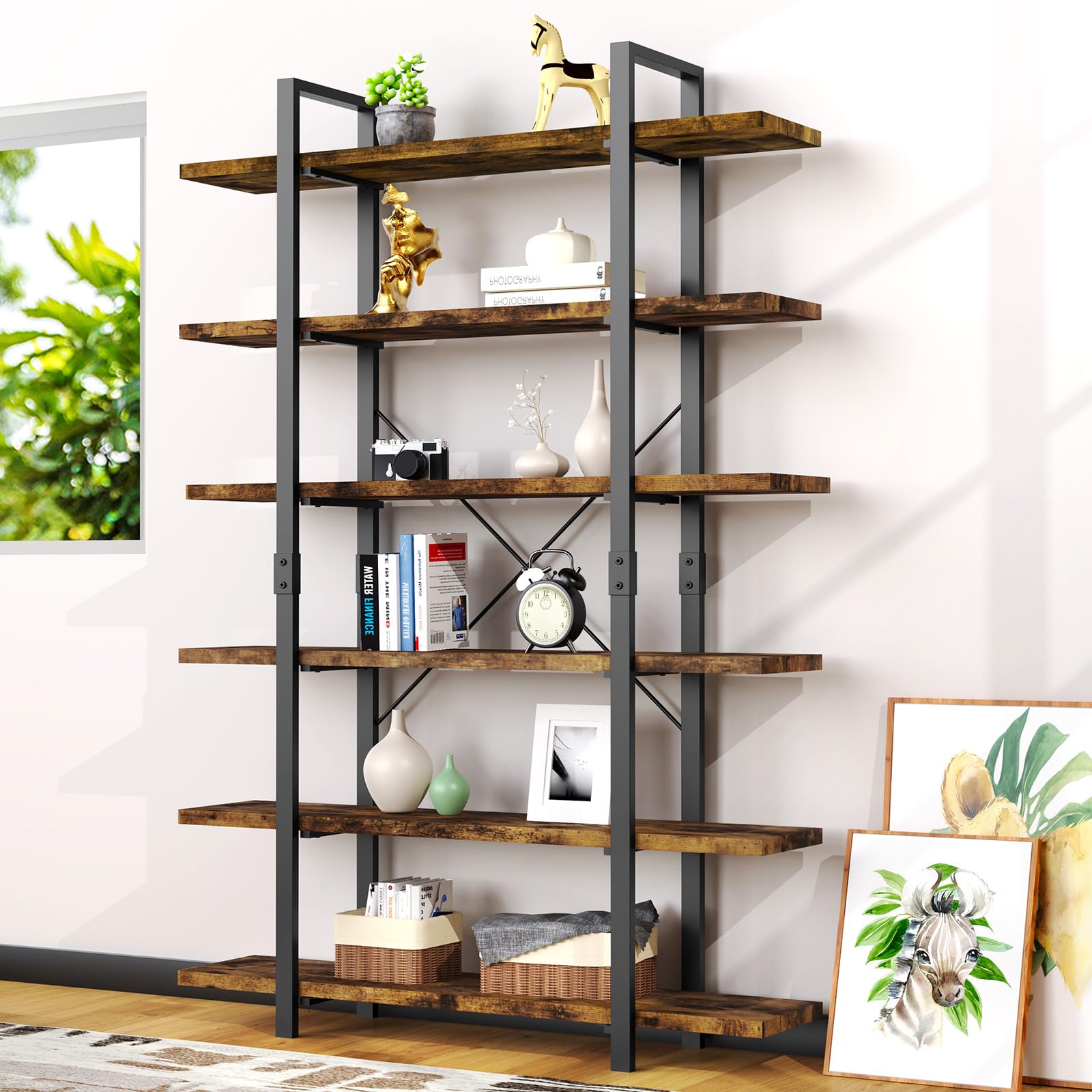 6 Tier Bookshelf, 83 inch Tall Bookcase Industrial Wooden Bookshelves Large Wall Etagere Rustic Vintage Book Shelf with Metal Frame Open Storage Rack for Living Room Home Office