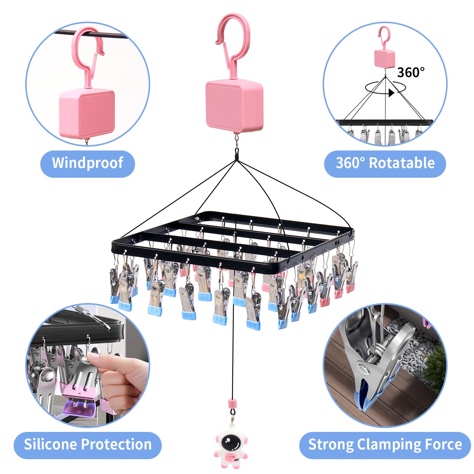 BEIJITA Liftable Sock Drying Rack, Stainless Steel Clothes Drying Hanger with 30 Clips, Socks Hanger Dryer with Swivel Wind-Proof Hook, Laundry Hanger for Socks, Towels, Bras, Lingerie, Baby Clothes