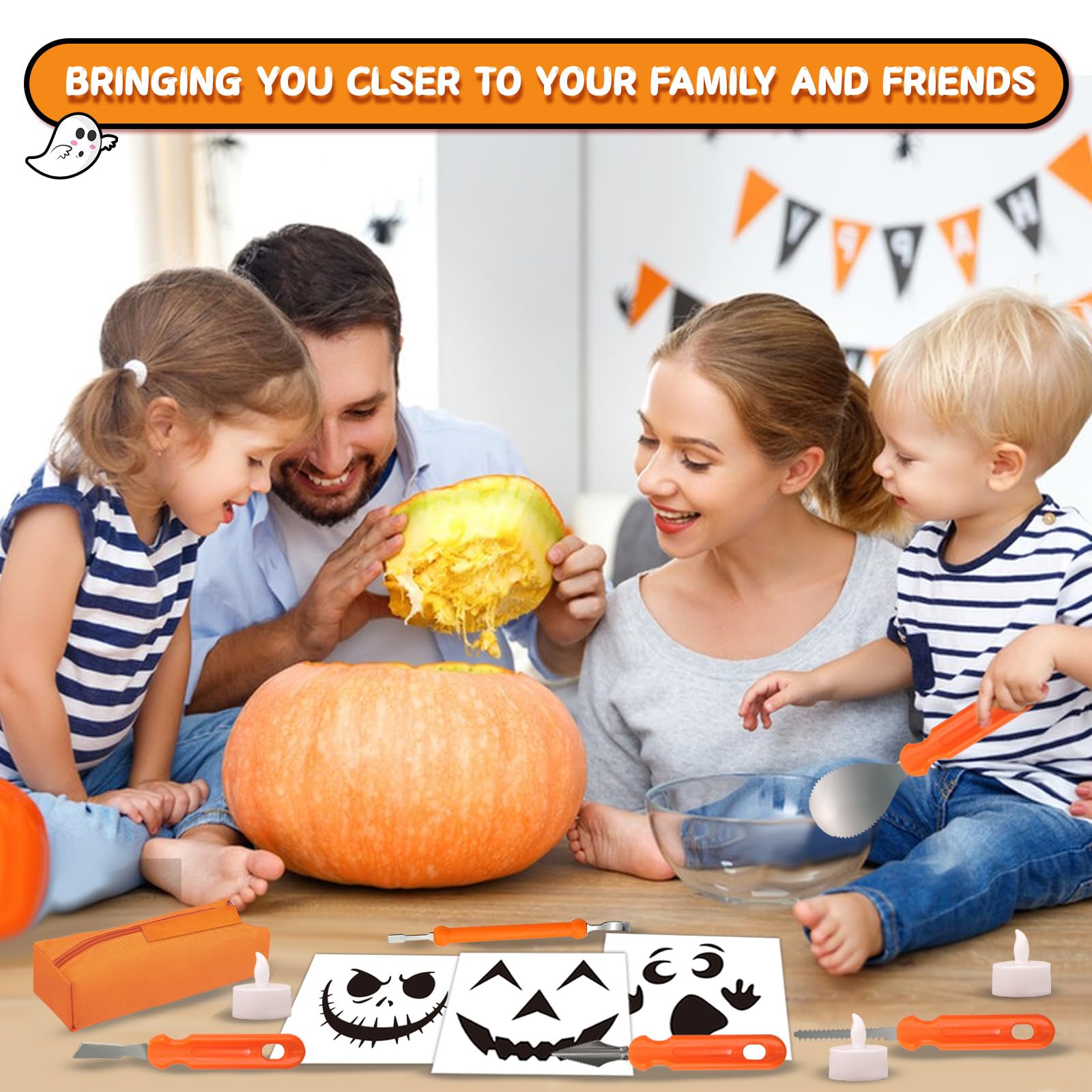 Erosbon 35pcs Pumpkin Carving Kit for Kids & Adult- Professional Stainless Steel Pumpkin Carving Tools & Stencil& Candles for Halloween Decoration Jack O Lantern Pumpkin