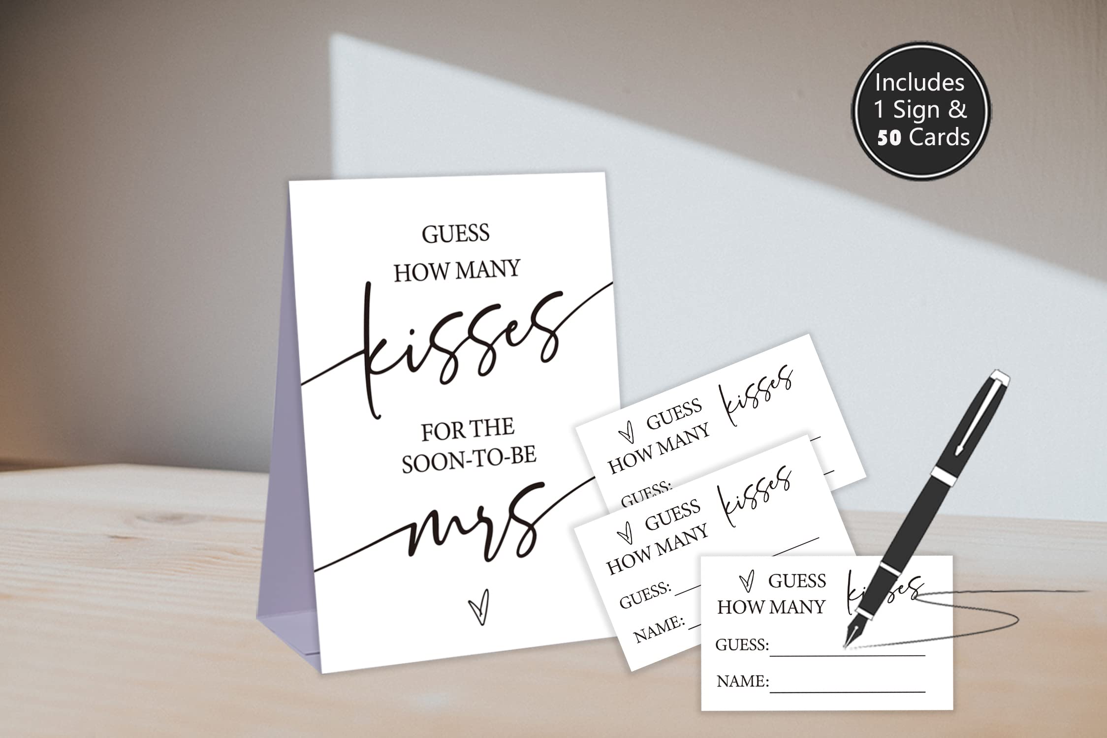 Guess How Many Kisses Bridal Shower Game,Minimalist Bridal Shower Game,Wedding Shower Games,Bachelorette Party Night,Bridal Shower Games Ideas,1 Sign & 50 Cards Set-A43