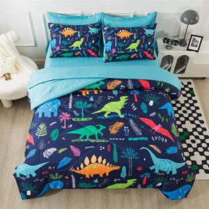 qjmiaofang dinosaur bedding for boys 5 pieces dinosaur comforter twin size kids teens dinosaur bed set with blue sheets jungle dinosaur bed in a bag cartoon dinosaur t-rex comforter for home decor