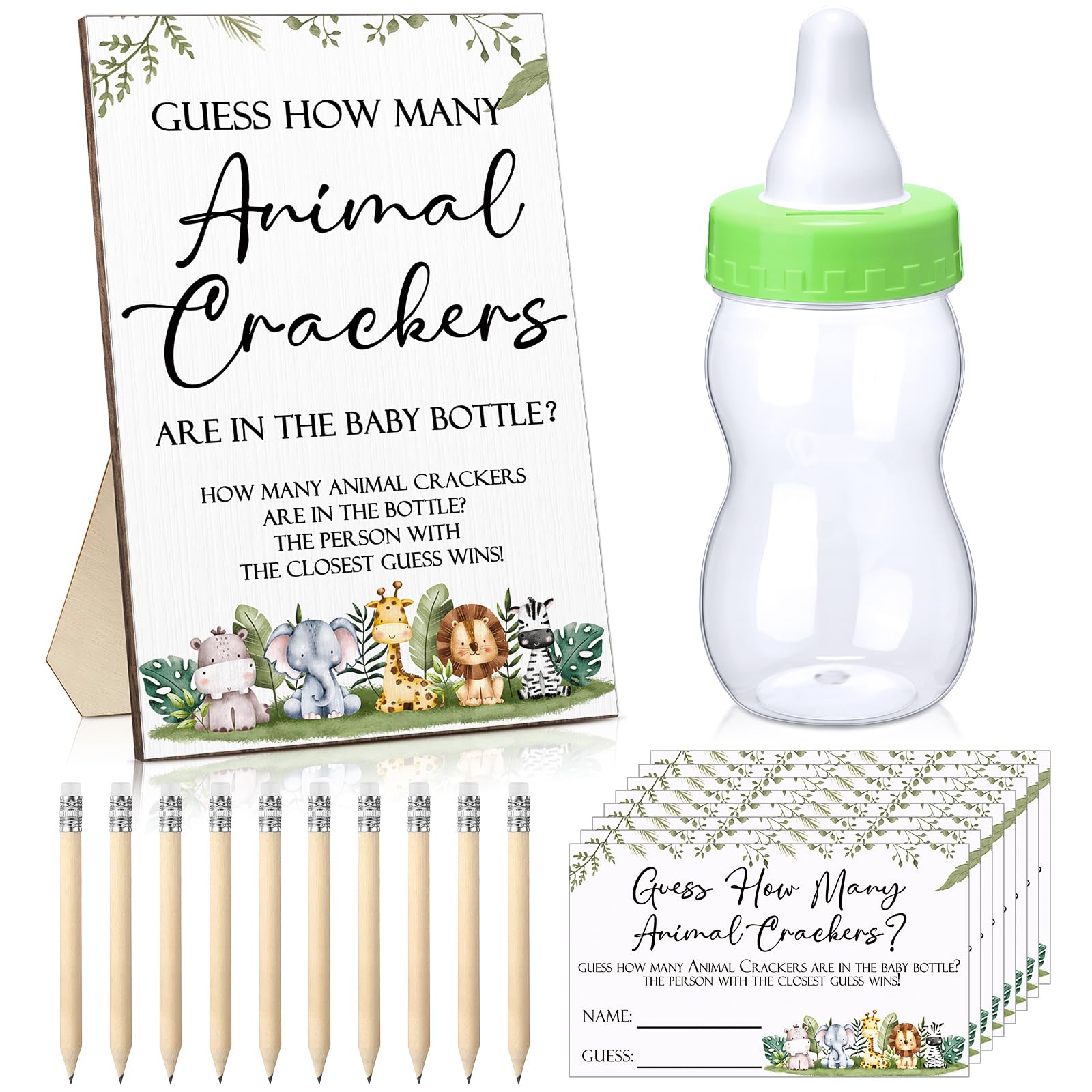 Dandat 122 Pcs Woodland Safari Baby Shower Games Guess How Many Crackers Sign 100 Guessing Cards 750ml Milk Bottle 20 Pencils for Animal Jungle Theme Baby Shower Gender Reveal Party Decor (Animal)