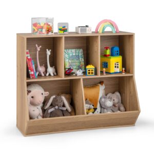 costzon toy organizers and storage with bookshelf, wooden 5 cubby children’s book shelf toy storage cabinet bookcase for kids room, playroom, kindergarten, nursery (natural)