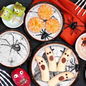 Gatherfun Spider Webs Halloween Party Supplies - Featuring Skull & Spider Themes, All-inclusive Wicked Web Paper Plates and Napkins. Ideal for Halloween Party Decorations, Serve 50 Guests.