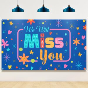 we will miss you backdrop, going away party decorations, blue farewell banner photo booth props for goodbye, graduation, retirement party decorations, vibrant colors, sturdy, fabric, phxey