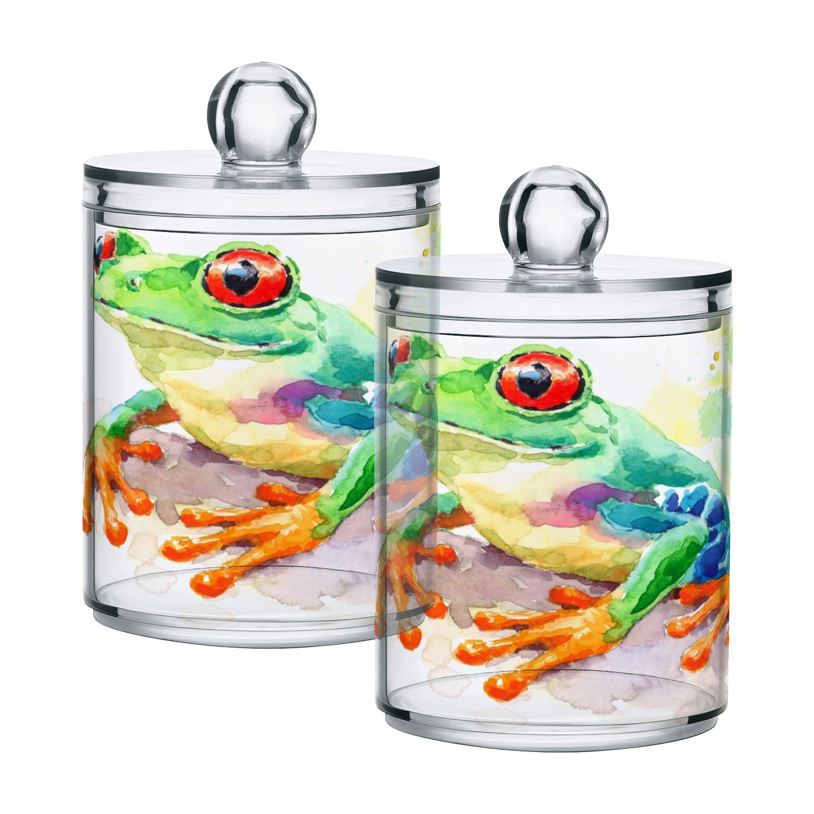 2 Pack Qtip Holder Dispenser for Cotton Ball Funny Frog Animal Green Watercolor Cotton Swab Cotton Round Pads Clear Plastic Acrylic Jar Set Bathroom Canister