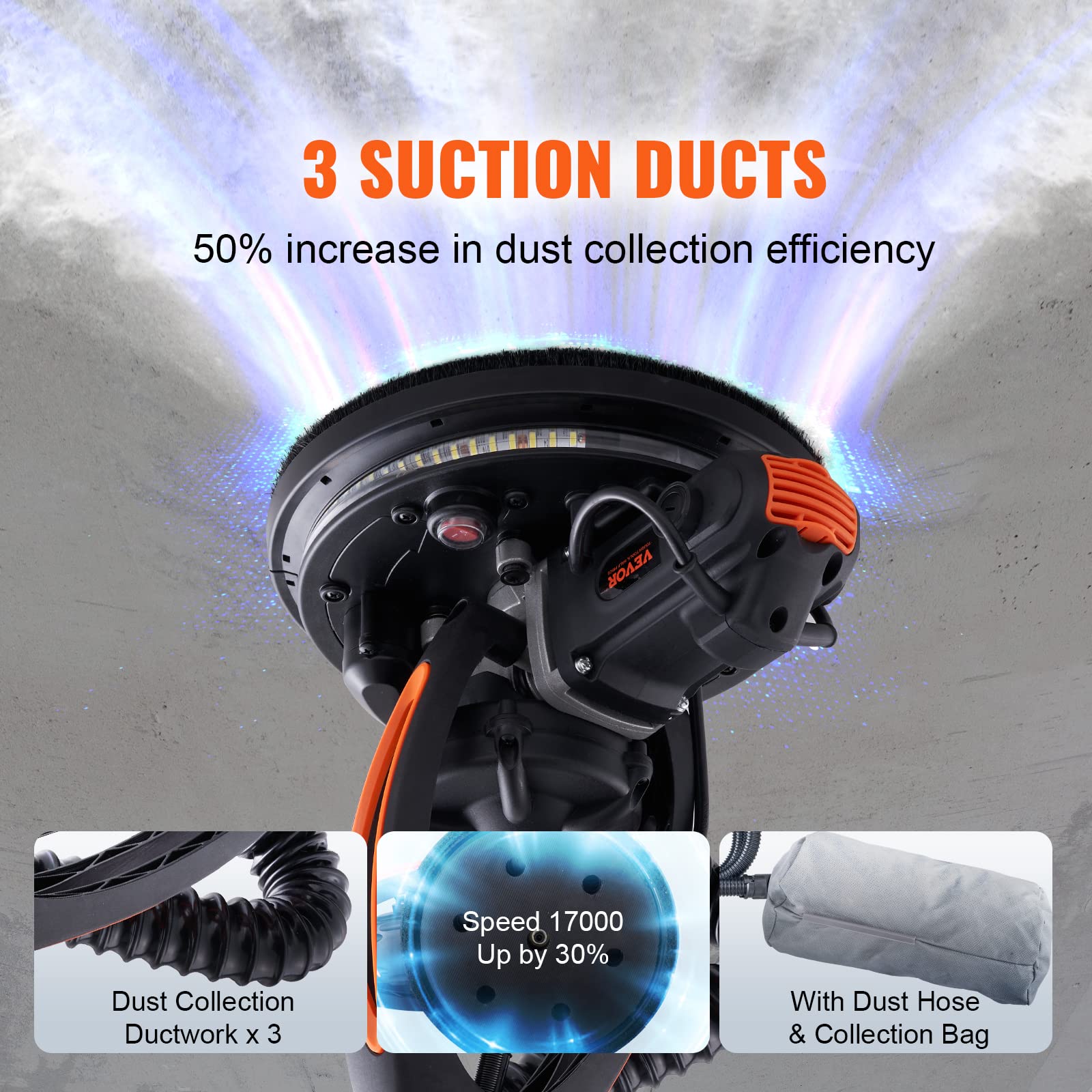 VEVOR Drywall Sander, 900W Electric Sander with 12 Sanding Discs, Variable Speed 800-1800 RPM Wall Sander with 3 Suction Ducts, Foldable Ceiling Sander & 2 LED Lights, Extendable Handle, Dust Bag