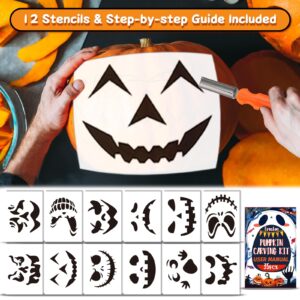 Erosbon 35pcs Pumpkin Carving Kit for Kids & Adult- Professional Stainless Steel Pumpkin Carving Tools & Stencil& Candles for Halloween Decoration Jack O Lantern Pumpkin