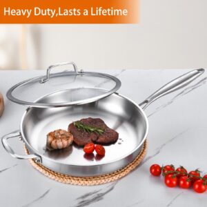 DELARLO Tri-Ply Stainless Steel Pan with Lid 12inch丨Compatible with All Cooktops Up to 600℉丨Stainless Steel Skillet 12 inch丨Heavy Duty丨Frying Pan with Lid丨18/10 Large Cooking Surface丨Omelette Pan