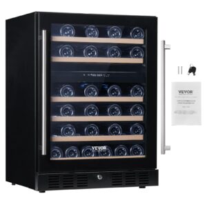 vevor 24” wine cooler, 46 bottles dual zone wine refrigerator, tempered glass door, low noise, digital temper control, built-in or freestanding, etl