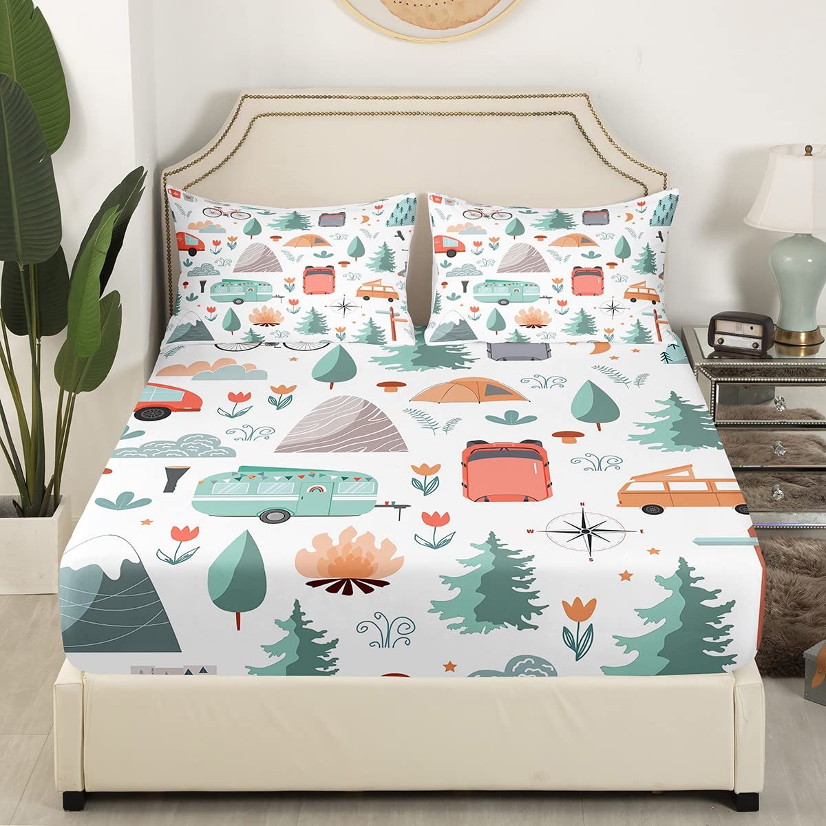 Kids Camper Theme Bed Sheets Set Twin 3Pcs, Happy Camping Bedding Set, Travel Car Rv Accessories Sheets, Botanical Flowers Mountain Adventure Top Sheet, Cute Camper Flat Fitted Sheet Bedroom Decor