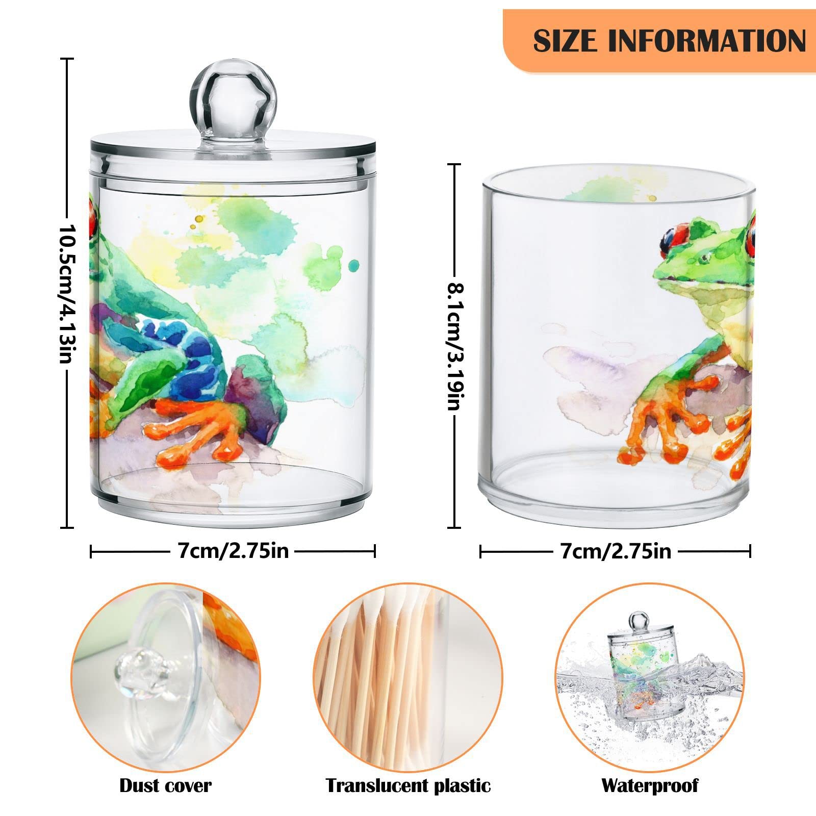 2 Pack Qtip Holder Dispenser for Cotton Ball Funny Frog Animal Green Watercolor Cotton Swab Cotton Round Pads Clear Plastic Acrylic Jar Set Bathroom Canister