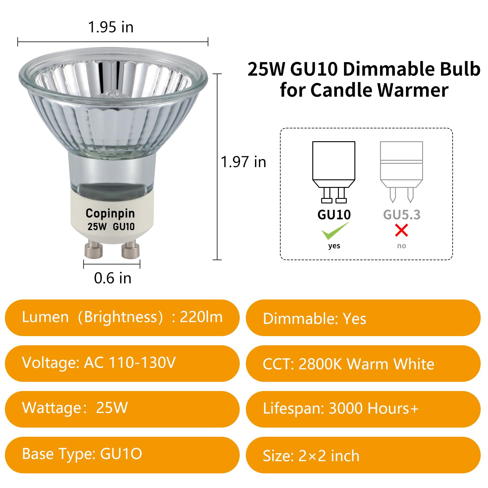 copinpin GU10 Light Bulb 120V 25W 6pcs Candle Warmer, Dimmable Replacement for Candle Warmer Wax Burner Track Light Bulbs, Range Hood Light Bulbs White Light Pack of 6