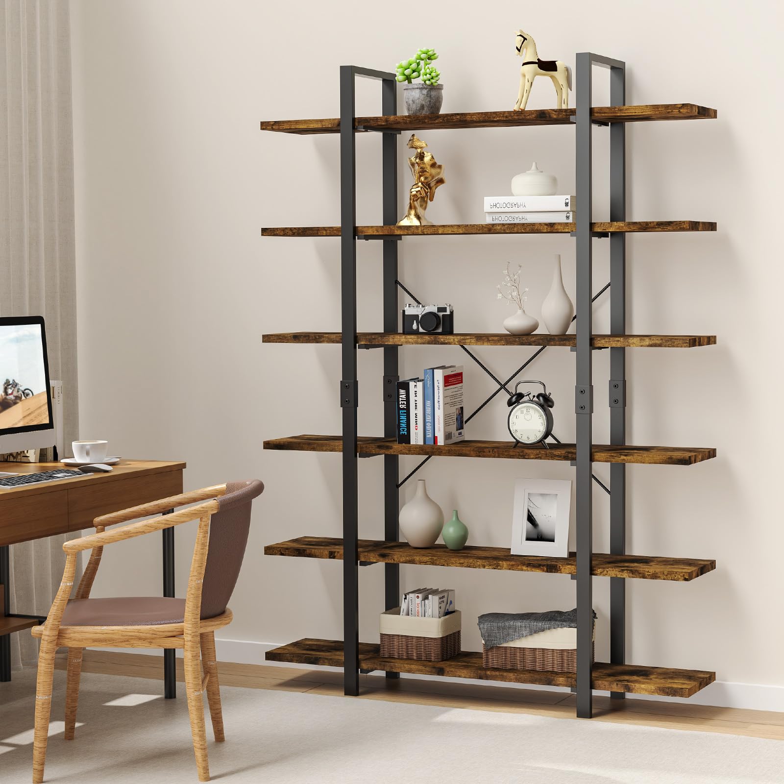 6 Tier Bookshelf, 83 inch Tall Bookcase Industrial Wooden Bookshelves Large Wall Etagere Rustic Vintage Book Shelf with Metal Frame Open Storage Rack for Living Room Home Office