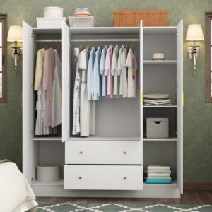 FAMAPY 4-Door Wardrobe Closet with Mirror, Armoires and Wardrobes with Drawers and Shelves, Armoire Wardrobe Closet with Hanging Rod, White (63”W x 19.7”D x 70.9”H)