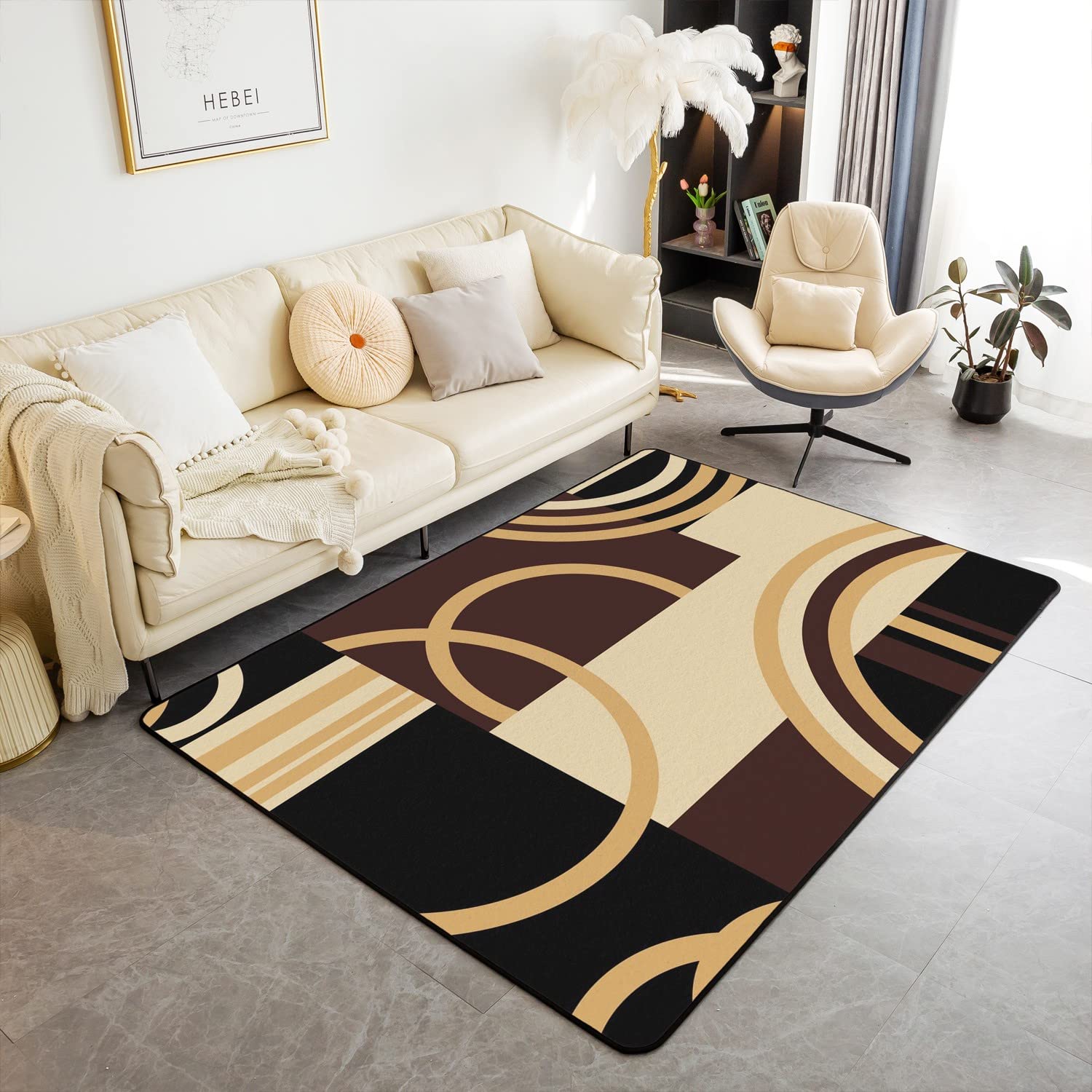 Geometric Decorative Carpet Barclay Arcs Shapes Living Room Rugs for Kids Modern Geometry Decor Indoor Floor Mat Beige Brown Black Accent Rug Decorative Rug Area Rug 5x7