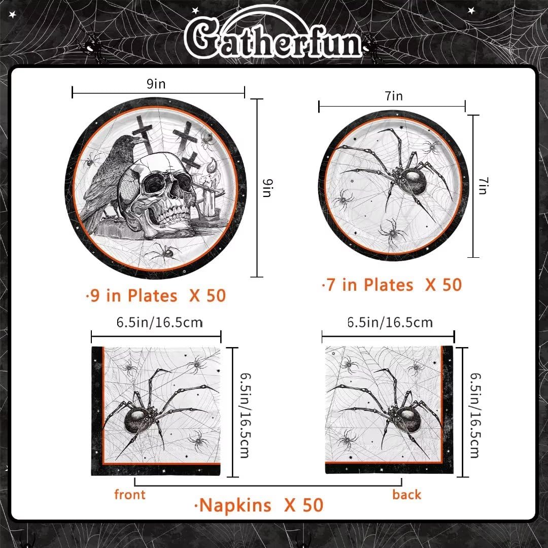 Gatherfun Spider Webs Halloween Party Supplies - Featuring Skull & Spider Themes, All-inclusive Wicked Web Paper Plates and Napkins. Ideal for Halloween Party Decorations, Serve 50 Guests.