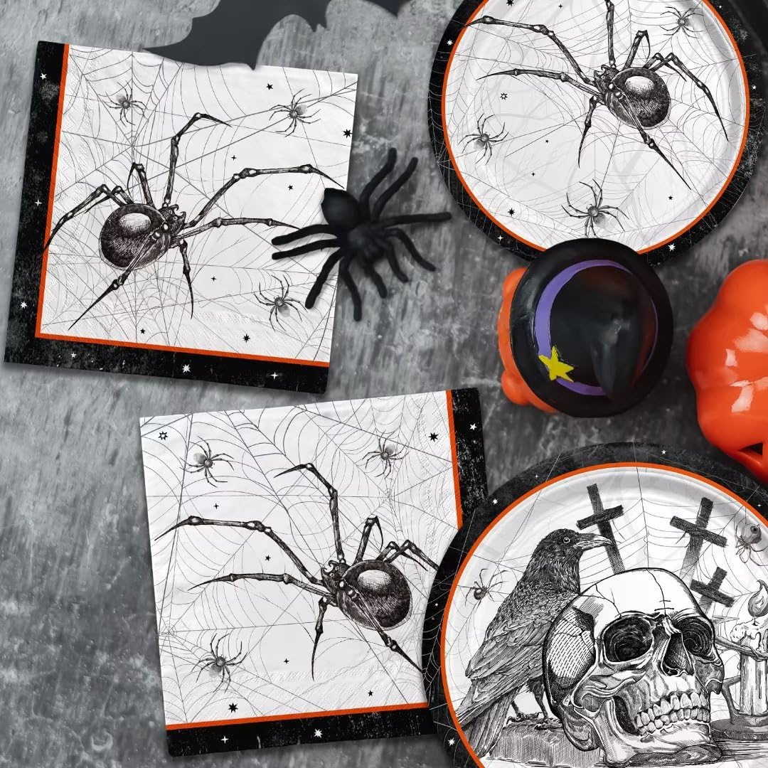 Gatherfun Spider Webs Halloween Party Supplies - Featuring Skull & Spider Themes, All-inclusive Wicked Web Paper Plates and Napkins. Ideal for Halloween Party Decorations, Serve 50 Guests.