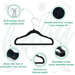 Aubeco 30 Pack Baby Velvet Hangers, 11.6'' Kids Non Slip Felt Hangers for Closet, Baby Clothes Hangers Space Saving, 360° Swivel Hook-Black