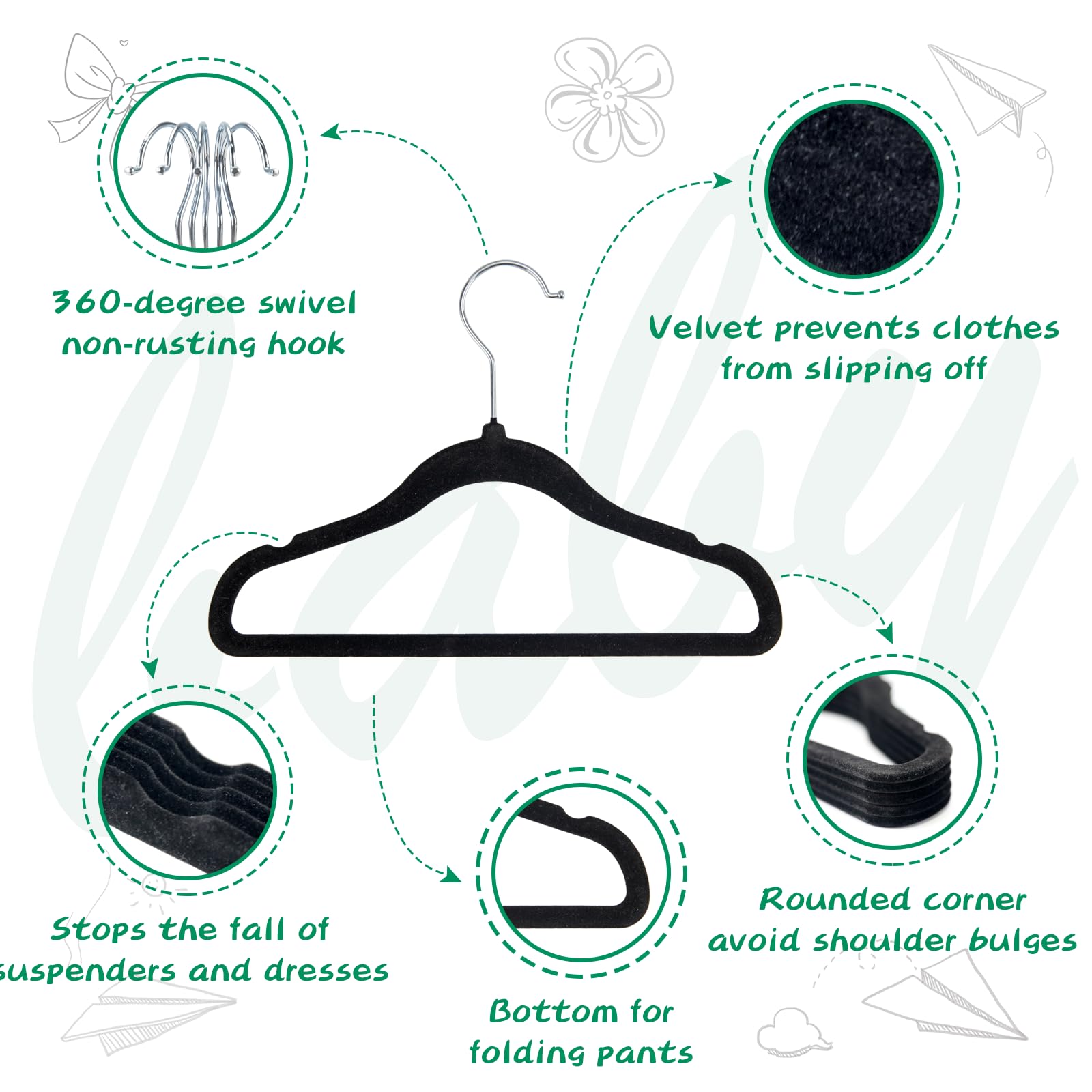 Aubeco 30 Pack Baby Velvet Hangers, 11.6'' Kids Non Slip Felt Hangers for Closet, Baby Clothes Hangers Space Saving, 360° Swivel Hook-Black