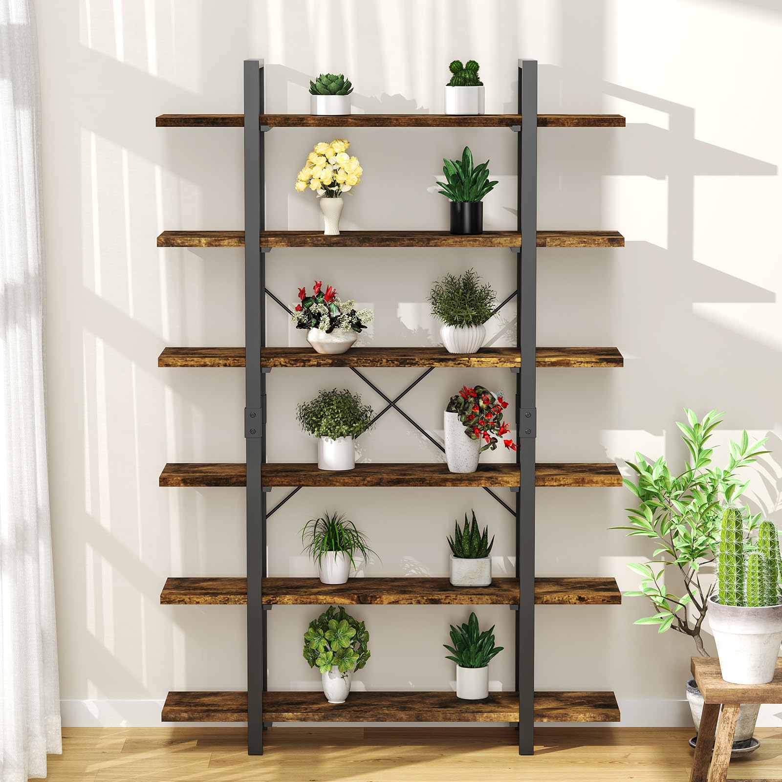 6 Tier Bookshelf, 83 inch Tall Bookcase Industrial Wooden Bookshelves Large Wall Etagere Rustic Vintage Book Shelf with Metal Frame Open Storage Rack for Living Room Home Office