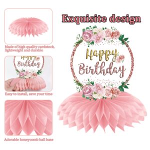 Aodocuto Pink Rose Gold Birthday Decorations Floral Honeycomb Centerpieces for Women Girls, 8pcs Floral Birthday Table Centerpieces Party Supplies, 16th 18th 21th 30th 40th 50th 60th Bday Table Topper