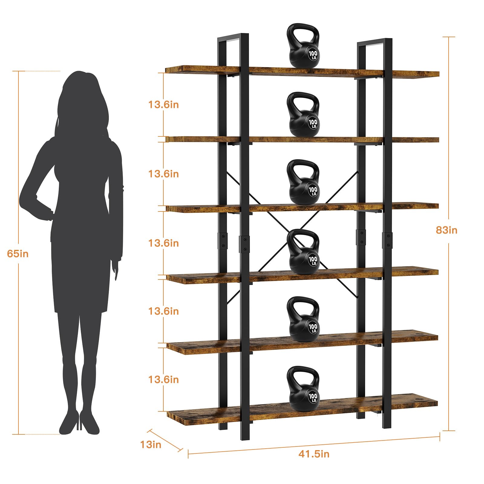 6 Tier Bookshelf, 83 inch Tall Bookcase Industrial Wooden Bookshelves Large Wall Etagere Rustic Vintage Book Shelf with Metal Frame Open Storage Rack for Living Room Home Office