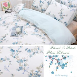 URBONUR Blue Floral Duvet Cover Set Queen Size 100% Cotton 3 Pieces Bedding Comforter Cover with Button Closure Birds on White Comforter Cover Sets, Soft Cooling Duvet Cover Queen