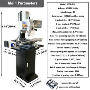 INTBUYING MIni Milling Drilling Machine Vertical R8 Mini Benchtop Mill/Drill Machine 7"X27" 1100W 20-2250rpm Variable Speed with Grating Ruler, Axis X Power Feed, Accessory R8 Tapper Package 110V