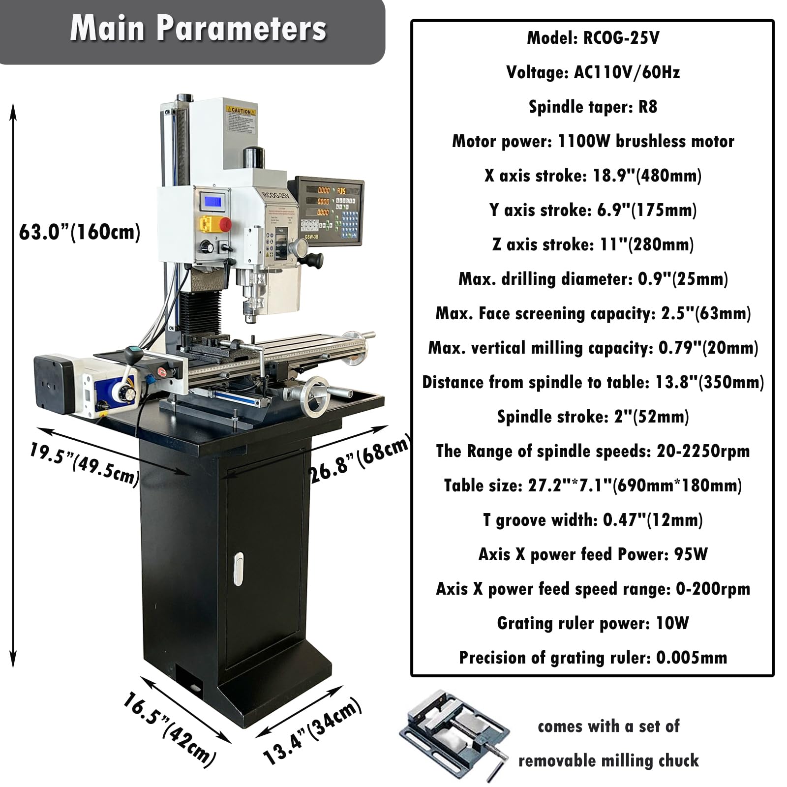 INTBUYING MIni Milling Drilling Machine Vertical R8 Mini Benchtop Mill/Drill Machine 7"X27" 1100W 20-2250rpm Variable Speed with Grating Ruler, Axis X Power Feed, Accessory R8 Tapper Package 110V