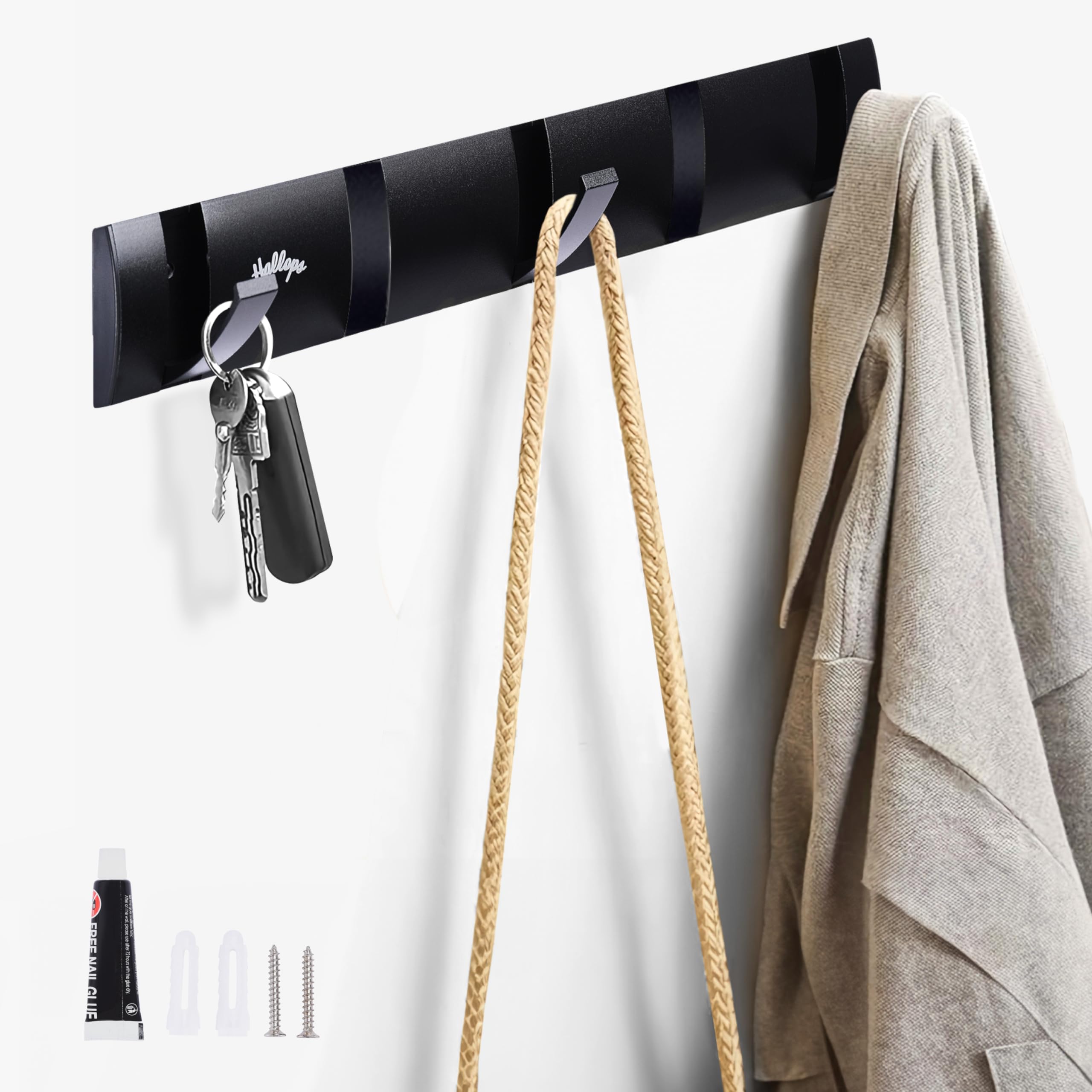 Hallops Retractable Hook - Black Coat Rack Wall Mount - 15.7 x 2.3 in Metal Hardwood Base with 5 Folding Coat Hooks - Space-Saving Design Coat Hangers Ideal for Small Living Spaces Holds up to 5lbs